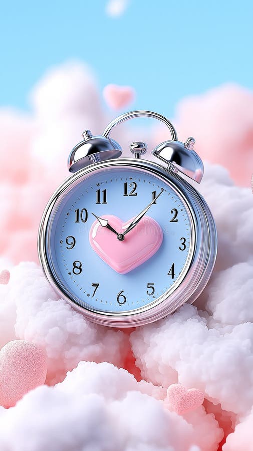 Whimsical Clock with a Heart Design Surrounded by Fluffy Clouds Stock ...