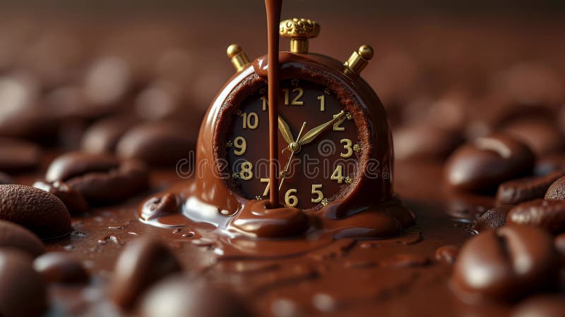 Unique Clock Immersed in Liquid Chocolate Surrounded by Coffee Beans at ...