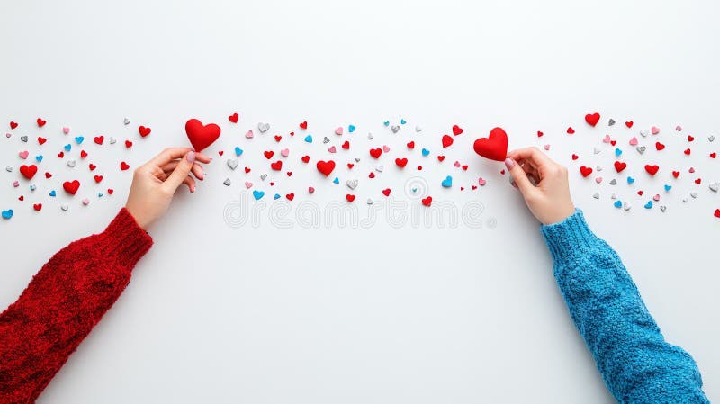 Unique Close Up of Two Hands Scattering Tiny Red Hearts Across a White ...