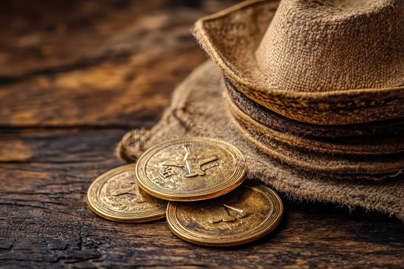 Unique Coins and Hat on Wooden Surface Stock Photo - Image of gold ...