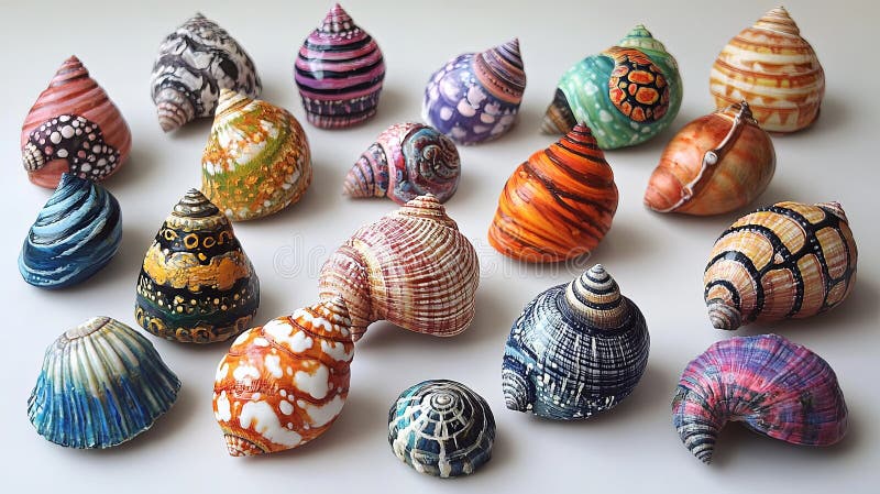 A Unique Collection of Hand-painted Seashells Arranged on a White ...