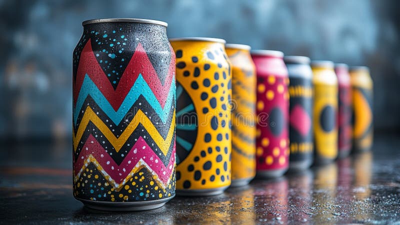 Unique Colorful Beverage Cans Lined Up on a Dark Surface Showcasing ...