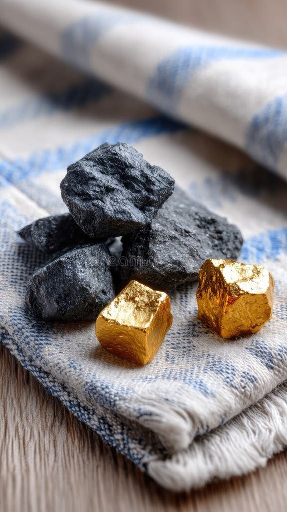 Unique Composition of Black Coal and Shiny Gold Nuggets Arranged on a ...