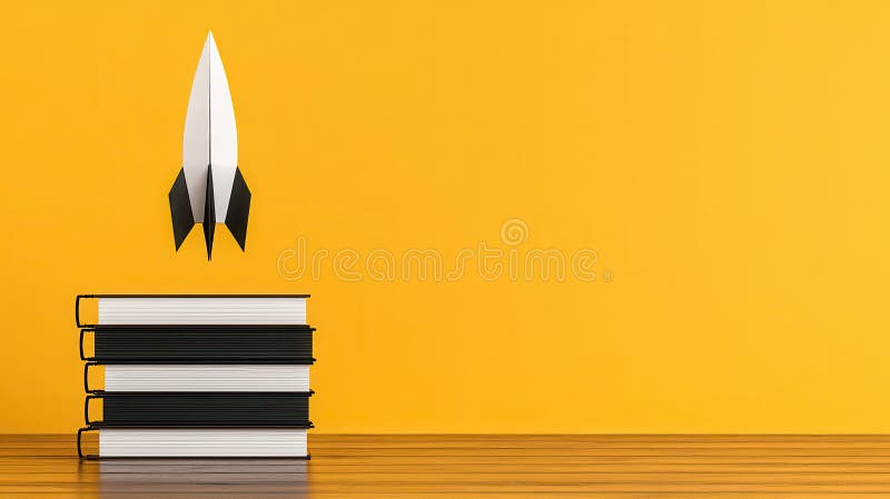 Paper Rocket Launching from Stack of Books on Bright Yellow Background ...
