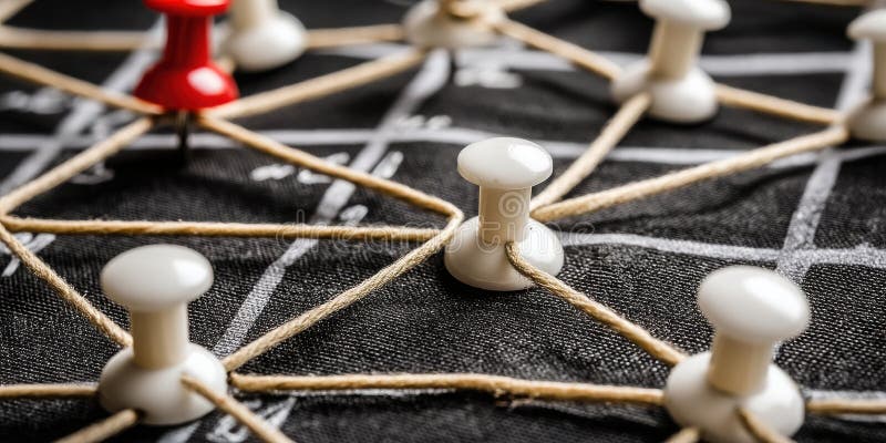 Connection Concept with Push Pins and String on a Black Background ...