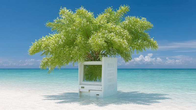 Unique Concept of Tree Growing from Old Computer in Serene Tropical ...