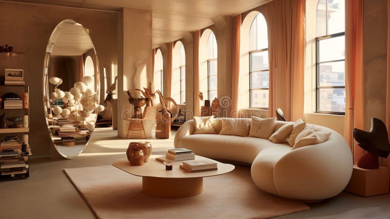 Unique, Cozy Living Room Featuring a Soft Couch, a Large Mirror, and ...