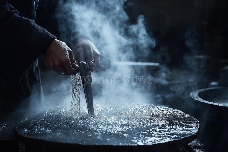Unique Craftsmanship Captured in a Dark Workshop with Steam Rising from ...