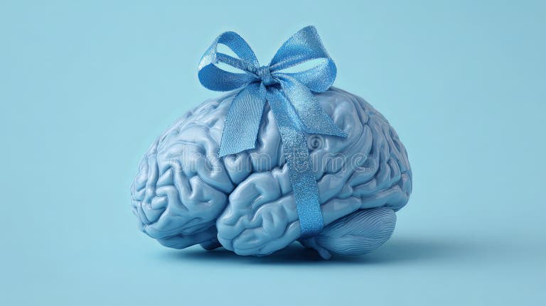 Blue Brain with Gift Bow on Plain Background - Creative Concept Stock ...
