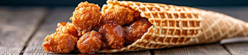 Crispy Chicken and Waffle Cone Drizzled with Savory Sauce Stock ...