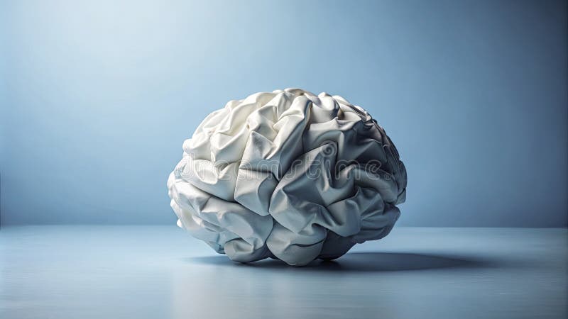 A Unique Crumpled Paper Brain Sculpture on a Pastel Blue Background a ...