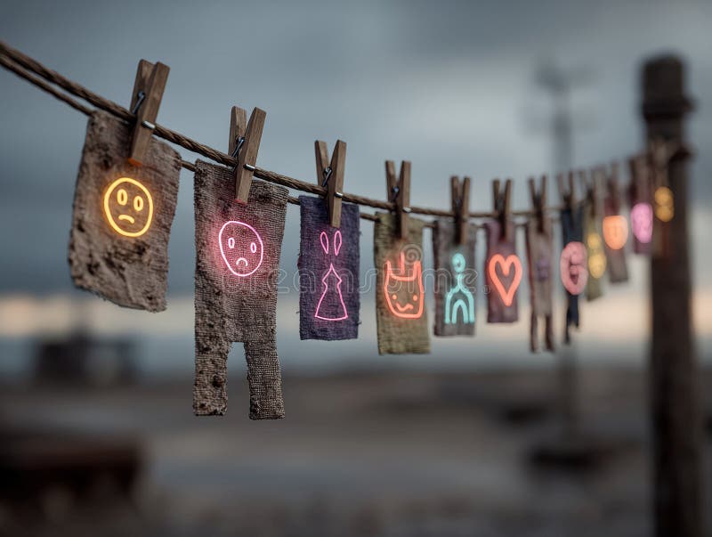 Unique 3D Washing Line with Emoticons, Outdoor Setting, Blurred Backdrop, Natural Lighting - AI ...