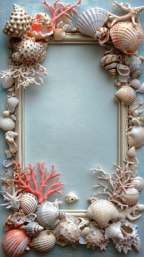 Decorative Frame Made of Various Seashells and Coral Against a Light ...