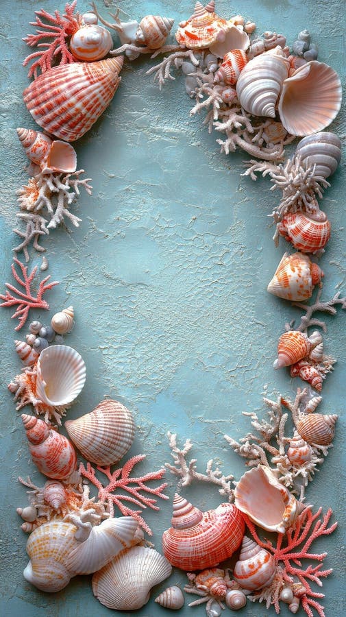 Decorative Frame Made of Various Seashells and Coral Against a Light ...