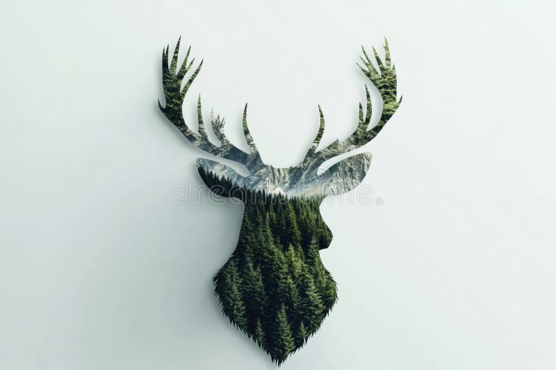 Creative Deer Head Design Formed from Layered Mountain Ridges and Pine ...