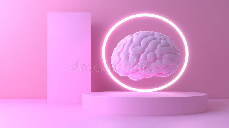 A Unique Depiction of a Brain Glowing with a Pink Neon Circle Stock ...