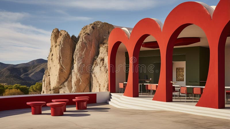 Unique Desert Restaurant with Red Structure and Graphic Rock-inspired ...