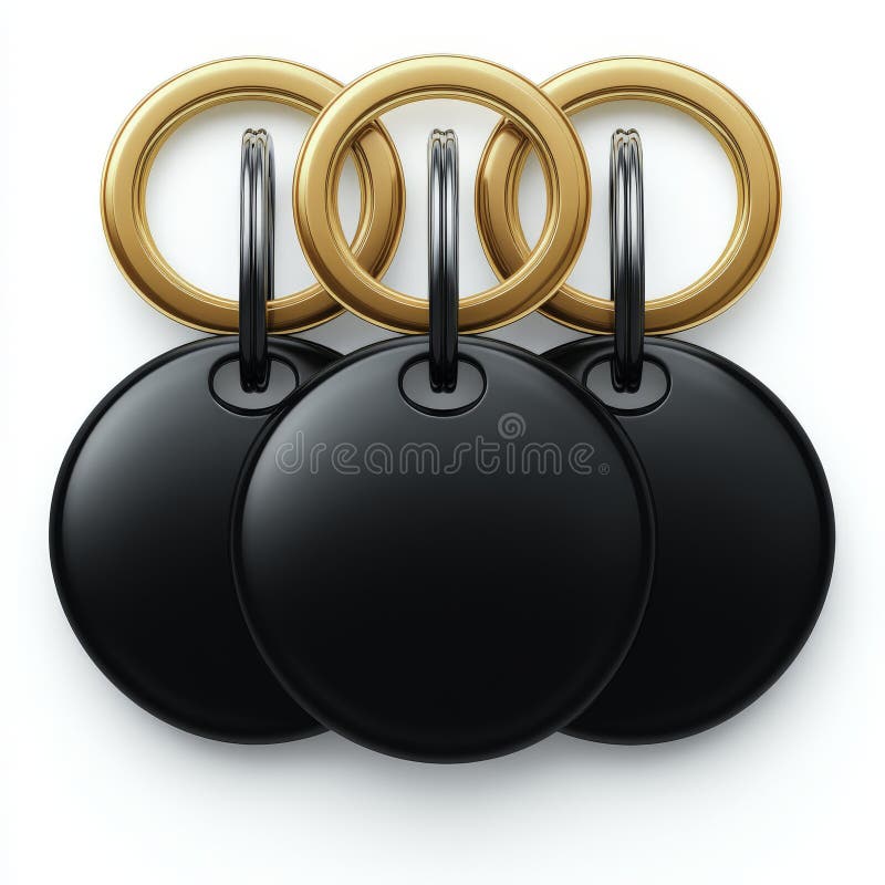 Unique Design of Black and Gold Keychains Featuring Circular Tags and ...