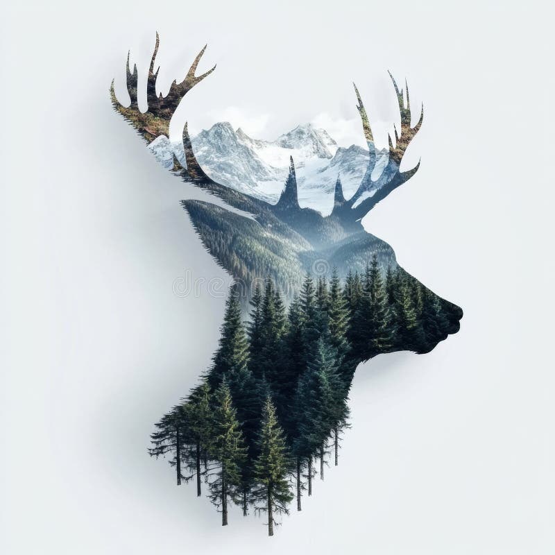 Creative Deer Head Design Made from Layered Mountain Ridges and Pine ...