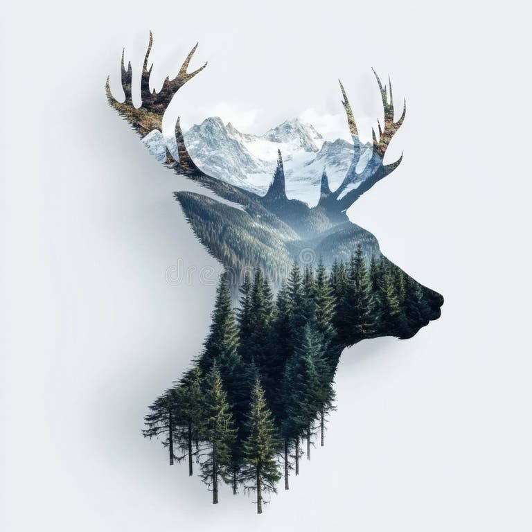 Creative Deer Head Design Made from Layered Mountain Ridges and Pine ...