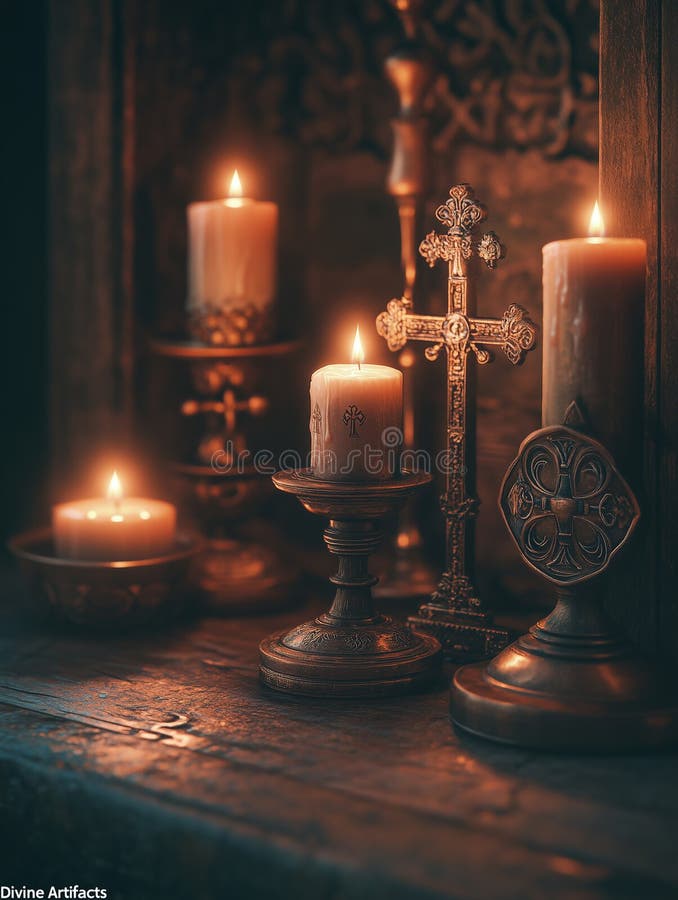 Unique Display of Divine Artifacts Adorned with Flickering Candlelight ...