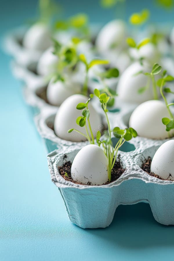 Unique Display of Seedlings Growing in Eggshells on a Pastel Blue ...