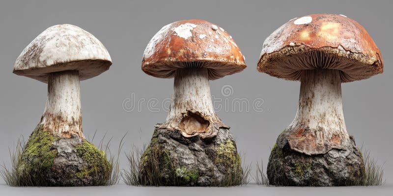 Unique Display of Three Distinct Mushroom Varieties Showcasing Their ...
