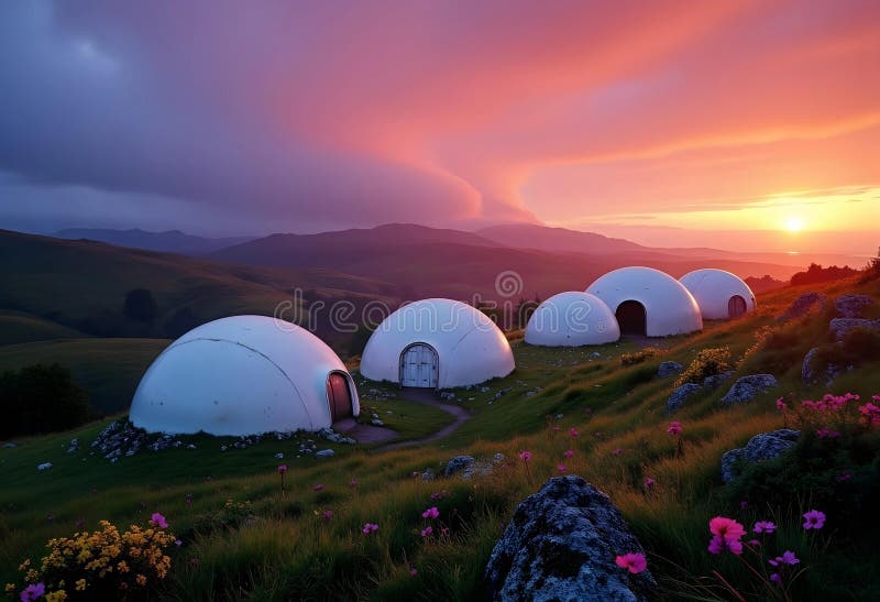 Unique Dome Structures Bask in a Vibrant Sunset Over Rolling Hills in a ...