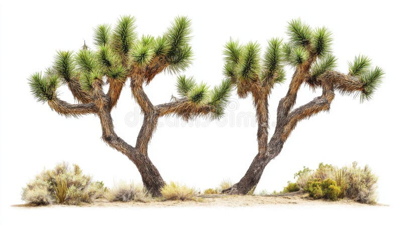 Unique Double Joshua Trees with Curved Trunks on White Background ...