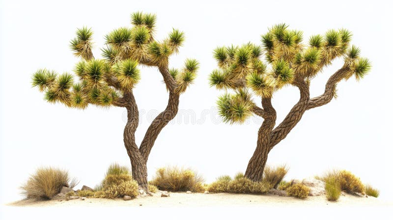 Unique Double Joshua Trees with Curved Trunks on White Background ...