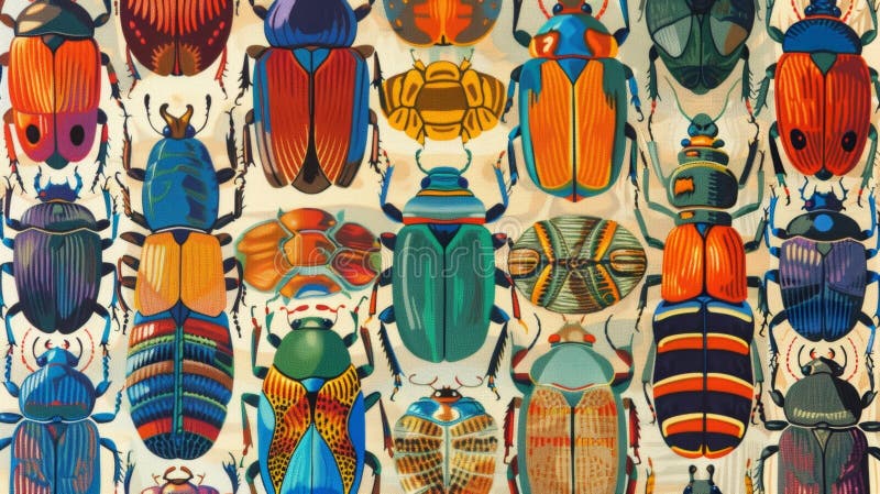 A Unique Fabric Design Featuring Colorful Scarab Beetles Arranged in a ...