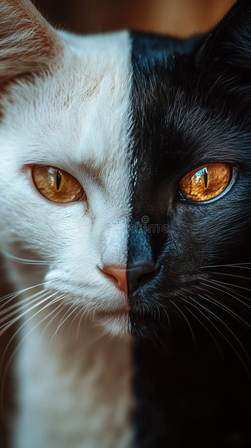 Unique Face of a Cat Displaying a Striking Split between White and ...