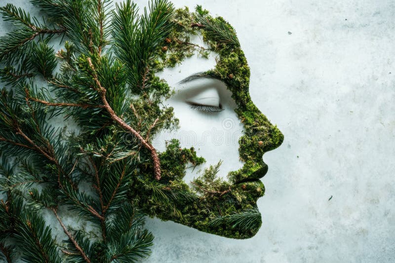 Creative Face Outline Made from Pine Branches and Layered Terrain in a ...