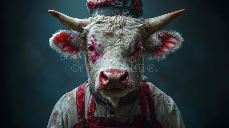 Unique Figure in Chef Attire with a Purple-spotted Cow Head in a Studio ...