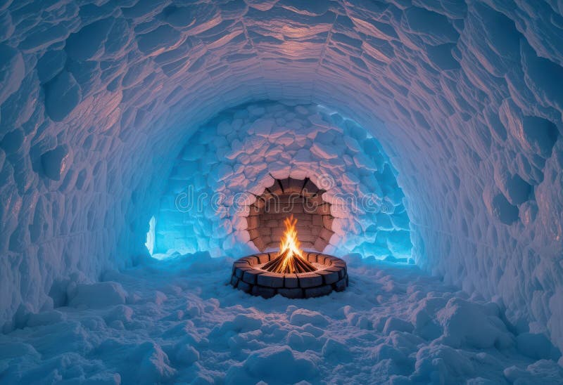 A Small Fire Burning Inside a Snow Covered Igloo, with Icy Blue Light ...