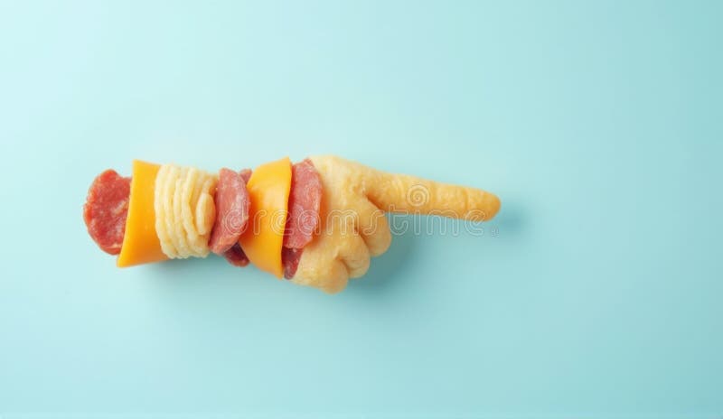 Unique Food Art Composition Finger Pointing at Delicious Snacks Stock ...