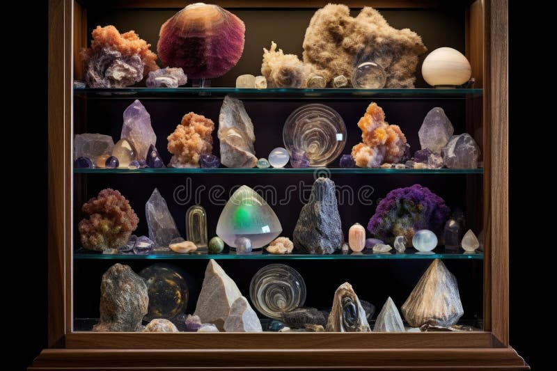 Unique Gemstones and Minerals in a Display Case Stock Illustration ...