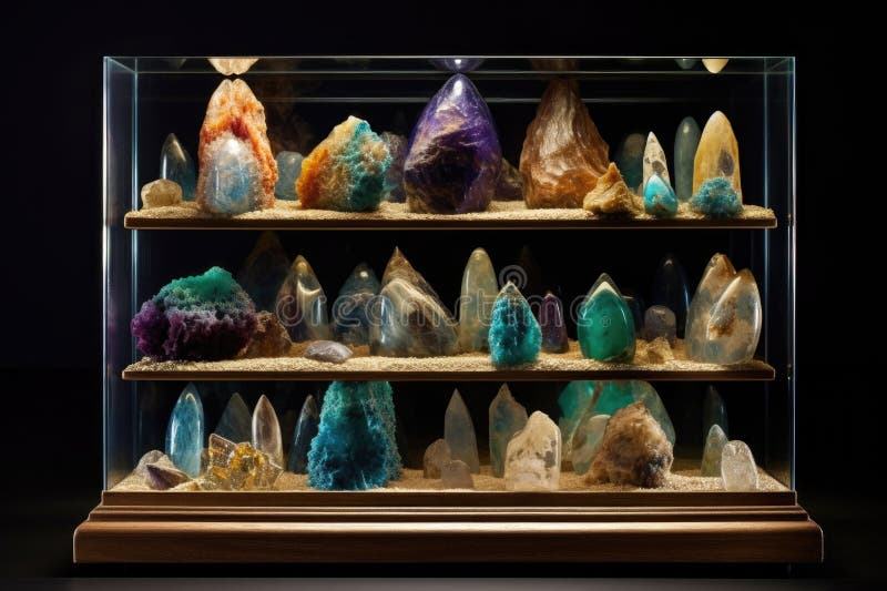 Unique Gemstones and Minerals in a Display Case Stock Illustration ...