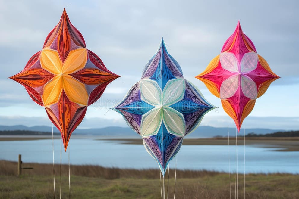 Unique Geometric Patterns on a Collection of Kites Stock Illustration ...