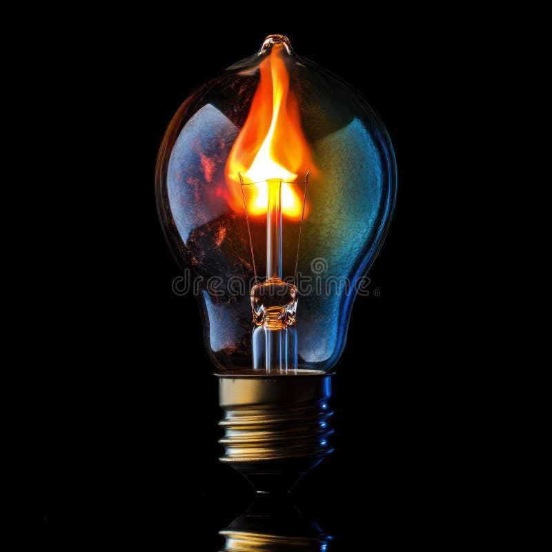 Unique Glowing Light Bulb with a Visible Flame Inside Captured at Night ...
