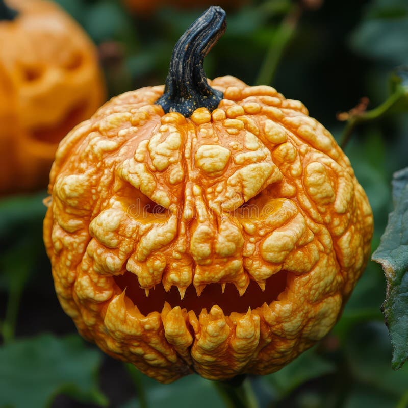 Unique, Gnarled Pumpkin with Menacing Face in a Pumpkin Patch Stock ...