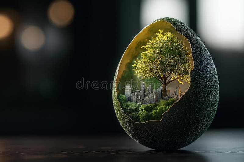 Unique Green Egg with Cityscape and Large Tree Inside Symbolizing ...