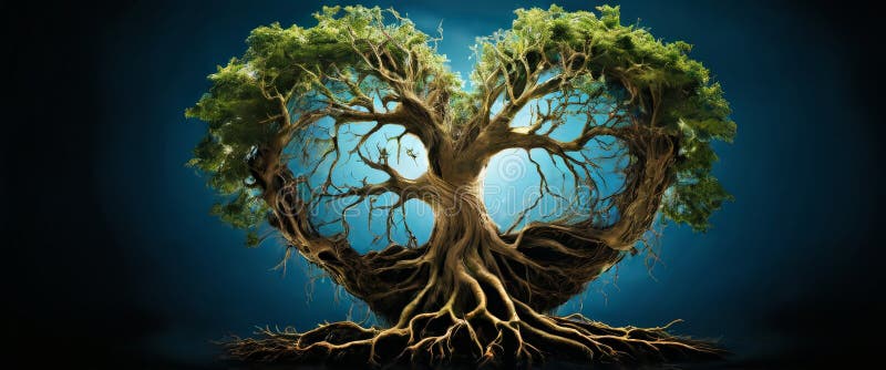 Heart-shaped Tree with Intertwining Roots Against Dark Background Stock ...