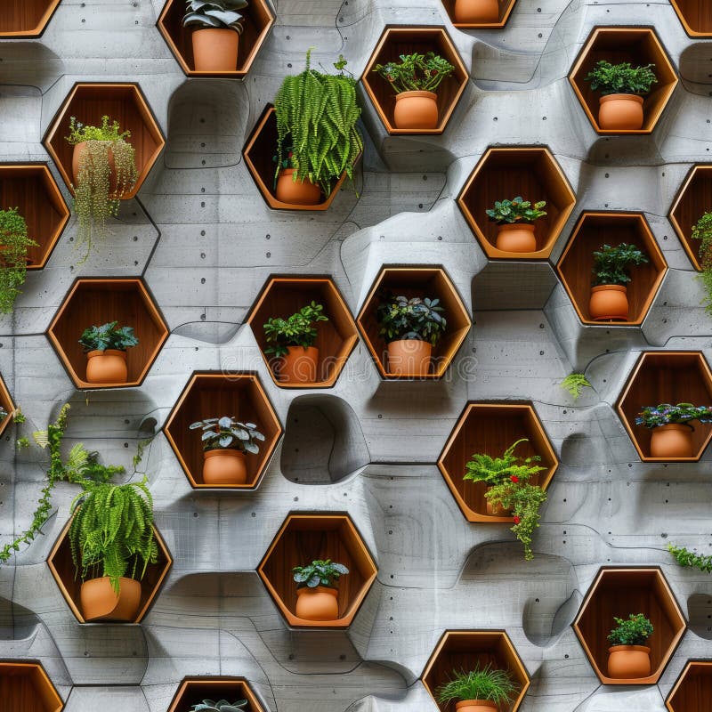 Unique Hexagonal Plant Wall Design Featuring Various Greenery in Pots ...