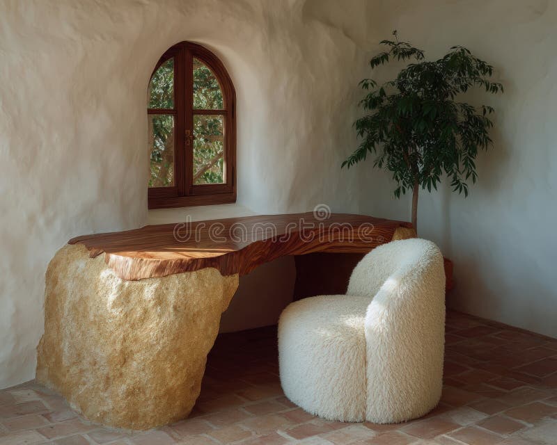 Unique Home Office Setup with Natural Stone Desk. Stock Illustration ...