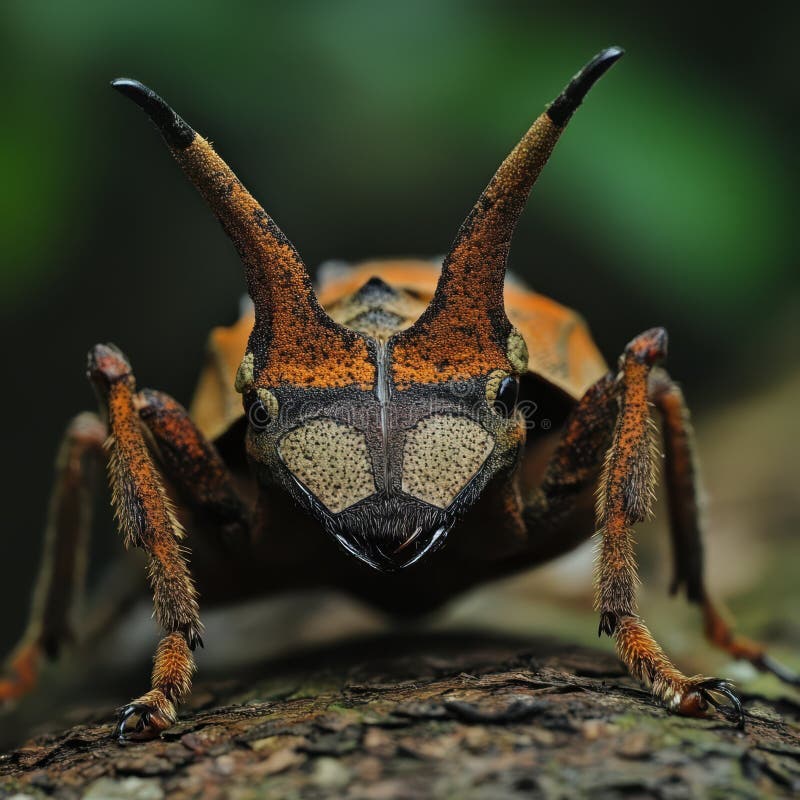 Unique Horned Beetle on Tree Bark in a Lush Forest Setting Stock Image ...