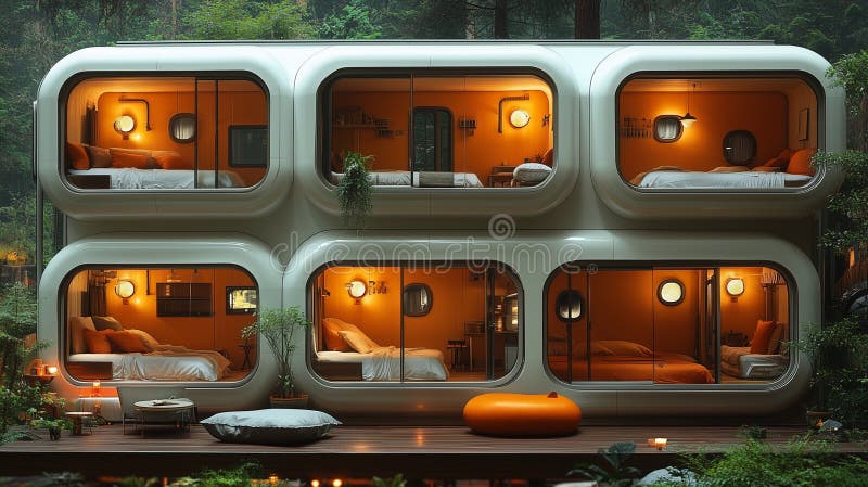 A Unique Hotel with Multiple Rooms Visible through Large Windows Set in ...