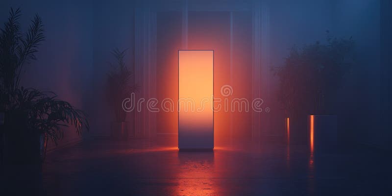 Unique Illuminated Rectangular Structure in a Misty Space with Plants ...