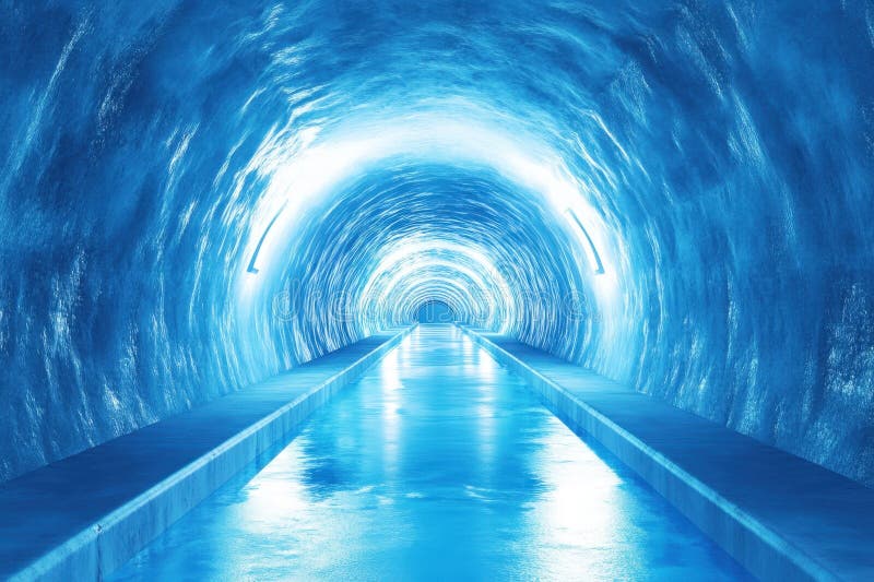 Unique Illuminated Tunnel with Reflective Water and Blue Lighting at ...