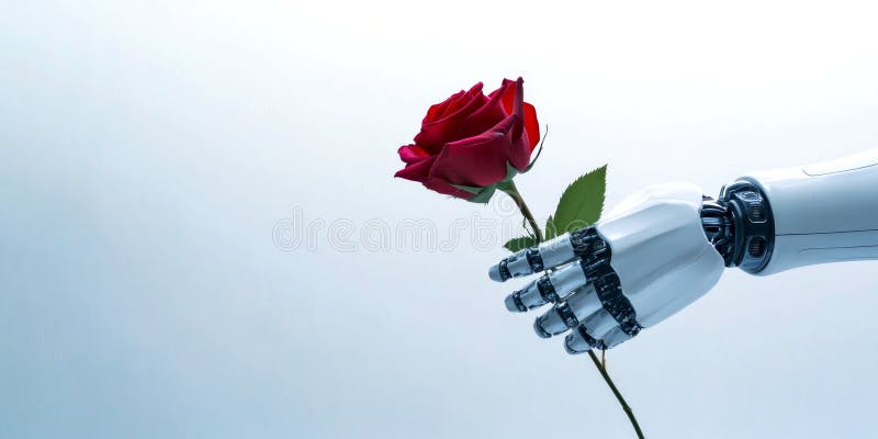 A Robotic Hand Delicately Holds a Vibrant Red Rose. this Image Captures ...